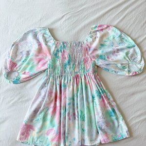 Dresses | Floral Print Short Dress Textured Smocked Elastic Mini Dress ...